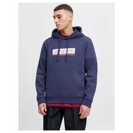 Jack & Jones Kapuzensweatshirt JACK & JONES "JORINWOOD BLOCK BRANDING SWEAT HOOD", Herren, Gr. XS, ocean cavern, angeraute Sweatware, Obermaterial: 70% Baumwolle, 30% Polyester, bedruckt, regular fit normal, Rippbündchen, Sweatshirts