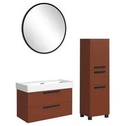 Badmöbel-Set Welltime "SALVADA, 3tlg-Set, gedämpfte Scharniere, Softclose, Keramikbecken", rot, B:140cm H:200cm T:47,5cm, MDF, Kastenmöbel-Sets, Rot, Keramikbecken 1 od. 2 Armaturlochbohrungen