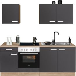 Küchenzeile Optifit "Leer Breite 210 cm", grau (küche: grau, front: anthrazit, korpus: eiche hell, arbeitsplatte: eiche hell), B:210cm T:60cm, Komplettküchen-Sets, Küchenzeile, mit Hanseatic-Geräten, wahlweise mit Geschirrspüler