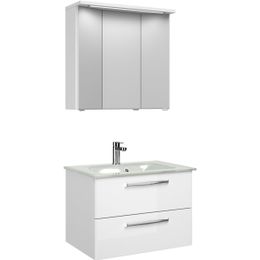 Badmöbel-Set SAPHIR "Trentino 2-teilig Glas-Waschtisch mit LED-Spiegelschrank", weiß (weiß hochglanz), Kastenmöbel-Sets, Badmöbel-Set 77cm breit, inkl. Türdämpfer, 3 Türen, 2 Auszügen