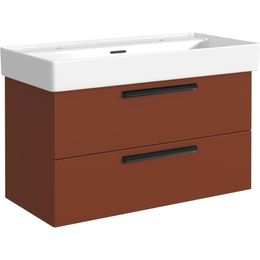 Waschtisch Welltime "SALVADA, Softclose-Auszüge, Keramikbecken", rot, rot, B:100cm H:62,5cm T:47,6cm, Waschtische, Rot, Lochbohrung für zwei Armaturen, Anti-Finger-Print