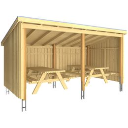 Gartenhaus Plus "Nordic", beige (natur), Holzwerkstoff, Gartenhäuser, Picknickhütte 9,5 m² inkl. Picknicktische, Dachpappe/Aluleisten/H-Füße