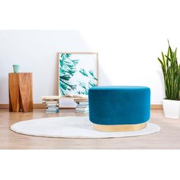 Hocker Kayoom "Nano 410, Hocker in stilvollem Design, ovale Form, mit Fuß aus Metall", blau, B:55cm H:43cm T:35,5cm, Bezug: 100% Polyester (Samt) Korpus: MDF, Kiefer Sockel: Stahl, Hocker, Gold Akzente, Bequem, Modern, mit pflegeleichtem Stoffbezug