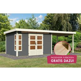 Gartenhaus Karibu "Kolimasee 7", grau (terragrau), Holzwerkstoff, Gartenhäuser, mit Anbaudach 3,2 m, terragrau