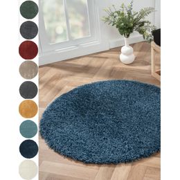 Hochflor-Teppich "My Shaggy", blau (dunkelblau), B:100 H:37mm L:100 Ø:100cm, Polypropylen (PP), MyFlair MÖBEL & ACCESSOIRES, Teppiche, Shaggy, Uni Farben, leicht glänzend, Microfaser, extra flauschig