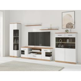 Wohnwand Home Affaire "Ribe Wohnwand Set-5 St.", weiß, eiche, B:297cm H:180cm T:35cm, Holzwerkstoff, Massivholz, Kastenmöbel-Sets, Glaseinsatz aus gehärtetem Glas,Böden teilweise versetzbar