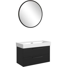 Badmöbel-Set Welltime "SALVADA, 2tlg-Set, gedämpfte Scharniere, Softclose, Keramikbecken", schwarz, B:100cm H:200cm T:47,5cm, MDF, Kastenmöbel-Sets, Schwarz, Keramikbecken 1 od. 2 Armaturlochbohrungen