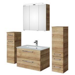 Badmöbel-Set SAPHIR "Badmöbel-Set Trentino 4-teilig Glas-Waschtisch mit LED-Spiegelschrank", braun (riviera eiche quer nb), Kastenmöbel-Sets, Badezimmer-Set mit Midischrank und Unterschrank inkl. Türdämpfer