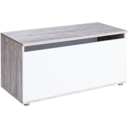 Truhe Home Affaire "Spielzeugkiste Rieke", weiß (eiche, sand, nachbildung, weiß), B:90cm H:44cm T:40cm Ø:40cm, Holzwerkstoff, Truhen, 2 Gasdruckfedern zum Öffnen und Schließen, 1 großes Ablagefach