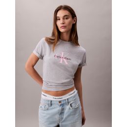 T-Shirt Calvin Klein Jeans "HERO SS CLASSIC MONOLOGO CNECK T", Damen, Gr. XL (44), grau (heroic grau heather), Jersey, Obermaterial: 100% Baumwolle, meliert, regular fit hüftlang, Rundhals, Shirts, mit großem CK-Print