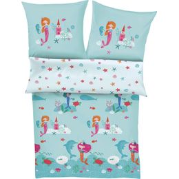 Kinderbettwäsche s.Oliver JUNIOR "Satinbettwäsche s.Oliver Junior Meerjungfrau", blau (türkis), B/L: 140cm x 200cm, 1 Stk., 1 Stk., Mako-Satin, B/L: 70cm x 90cm, 2 Stk., Mako-Satin, Obermaterial: 100% Baumwolle, Bettwäsche