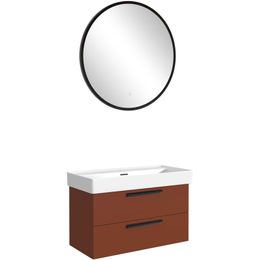 Badmöbel-Set Welltime "SALVADA, 2tlg-Set, gedämpfte Scharniere, Softclose, Keramikbecken", rot, B:100cm H:200cm T:47,5cm, MDF, Kastenmöbel-Sets, Rot, Keramikbecken 1 od. 2 Armaturlochbohrungen