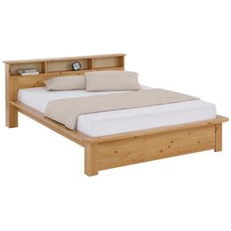 Massivholzbett Home Affaire ""KERO" BESTSELLER Stauraum im Kopfteil", gelb (honigfarben), B:184cm L:224cm, Betten, zertifiziertes Massivholz (Kiefer), optional mit Schublade