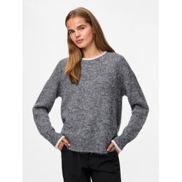 Strickpullover Pieces "PCIVY LS O-NECK CONTRAST KNIT NOOS BC", Damen, Gr. L, medium grau melange detail:weiß contrast, Strick, Obermaterial: 78% Polyester, 21% Nylon, 1% Elasthan, unifarben, regular fit hüftlang, Rundhals, Rippstrickbündchen, Pullover
