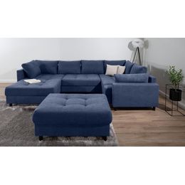 Wohnlandschaft Collection AB, B:298cm H:44cm T:203cmblau, marine, 100%Polyester, Sofas, "Toni U-Form mit Armlehne", inkl. Hocker und Zierkissen in