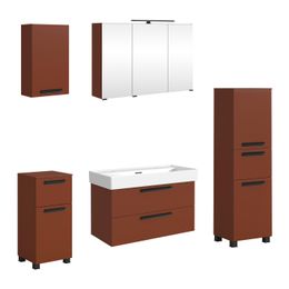 Badmöbel-Set Welltime "SALVADA, 5tlg-Set, gedämpfte Scharniere, Softclose, Keramikbecken", rot, B:180cm H:200cm T:47,5cm, MDF, Kastenmöbel-Sets, Rot, Keramikbecken 1 od. 2 Armaturlochbohrungen