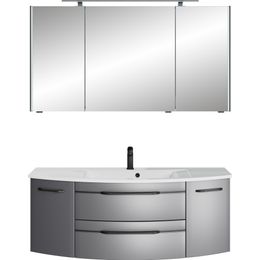 Badmöbel-Set SAPHIR "Serie 7045 2-teilig Mineralmarmor-Waschtisch mit LED-Spiegelschrank", grau (stahlgrau metallic), B:133,2cm H:200cm T:49,8cm, Spanplatte, Kastenmöbel-Sets, Badezimmer-Set 133,2 cm breit, inkl. Türdämpfer, 5 Türen, 2 Schubladen
