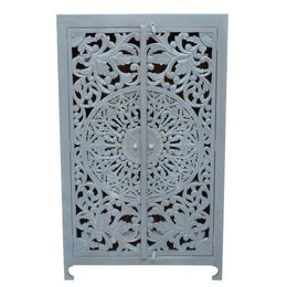 Stauraumschrank Home Affaire "Kenmare", grau, B:100cm H:165cm T:40cm, Massivholz, Schränke, Mangoholz, dekorative Schnitzereien, Breite 100 cm