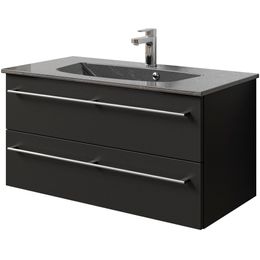 Waschtisch SAPHIR "Serie 6025 Mineralmarmor-Waschtisch mit Unterschrank, 97 cm breit", schwarz (schwarz matt, schwarz matt), B:97cm H:49,9cm T:48cm, Waschtische, Waschplatz mit 2 Schubladen, hängend, verschiedene Ausführungen
