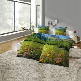 Partnerbettwäsche Kinzler "Partnerbettwäsche 4-teilig "Berge"", bunt, B/L: 135cm x 200cm, 2 Stk., 2 Stk., Microfaser, B/L: 80cm x 80cm & 80cm x 80cm, 4 Stk., Microfaser, Obermaterial: 100% Polyester, Bettwäsche, Pflegeleicht