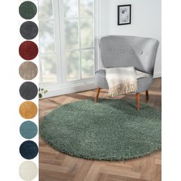Hochflor-Teppich "My Shaggy", grün, B:150 H:37mm L:150 Ø:150cm, Polypropylen (PP), MyFlair MÖBEL & ACCESSOIRES, Teppiche, Shaggy, Uni Farben, leicht glänzend, Microfaser, extra flauschig