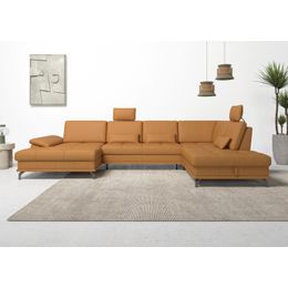 Wohnlandschaft Places of Style "Costello U-Form, B: 363 cm mit Sitztiefen-, Armteilverstellung &", gelb (curry), B:363cm H:89cm T:223cm, Luxus-Microfaser (90% Polyester, 10% Polyamid);Samtoptik (100% Polyester), Sofas, 3 Nierenkissen, optional Bettfunktion & Bettkasten