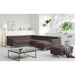Wohnlandschaft COTTA "Sammy U-Form", braun (mud), B:304cm H:74cm T:240cm, NaturLEDER, die Rückseite ist mit schwarzem und die Liegefläche der Bettfunktion ist mit beigem Spannstoff bezogen, Sofas, mit Kopfteilverstellung, wahlweise mit Bettfunktion & Bettkasten