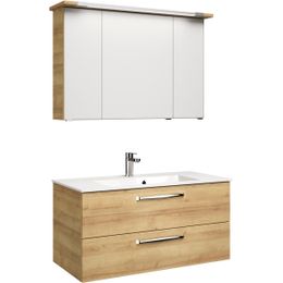 Badmöbel-Set SAPHIR "Trentino 2-tlg Mineralmarmor-Waschtisch, Spiegelschrank mit LED-Profil", braun (riviera eiche quer nb), Kastenmöbel-Sets, Badmöbel-Set 107cm breit, inkl. Türdämpfer, 3 Türen, 2 Auszügen