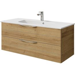 Waschtisch SAPHIR "Serie 6025 Mineralmarmor-Waschtisch mit Unterschrank, 117 cm breit", braun (riviera eiche, riviera eiche quer nb), B:117cm H:49,9cm T:48cm, Waschtische, Waschplatz mit 2 Schubladen, hängend, verschiedene Ausführungen