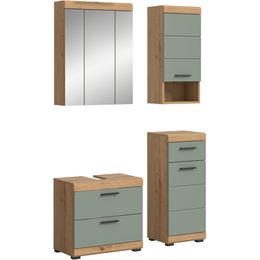 Badmöbel-Set Inosign "Siena, 4 teilig, bestehend aus:", grün (artisan eiche nb, salbei nb), B:112cm H:191cm T:34cm, Holzwerkstoff, MDF, Kastenmöbel-Sets, Waschbeckenunterschrank, Spiegelschrank, Unterschrank, Hängeschrank
