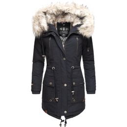 Wintermantel Navahoo "Honigfee", Damen, Gr. S (36), blau, Oberstoff: 100% Baumwolle, Futter: 100% Polyester, Wattierung: 100% Polyester, Ärmelfutter: 100% Polyester, Kunstpelz: 90% Polyacryl, 10% Polyester, tailliert Po-bedeckend, hoch geschlossener Ausschnitt, Ärmel ohne Ärmelschlitz Rippstrickbündchen, Mäntel, stylischer Baumwollparka mit Kunstfell-Kapuze