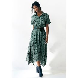 Druckkleid Lascana, Damen, Gr. 34, N-Gr, grün (grün, schwarz bedruckt), Web, Obermaterial: 100% Viskose, bedruckt, figurumspielend ca. Mitte Wade, Kleider, mit Punktedruck und asymmetrischem Saum, Hemdblusenkleid, Midikleid