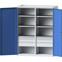 eurokraft pro Schwerlastschrank JUMBO aus Stahlblech, 6 Fachböden, Schubladen 2 x 60 mm, 2 x 120 mm, 2 x 180 mm hoch, lichtgrau/lichtblau