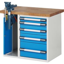 eurokraft pro Werkbank, Baukastensystem Serie 7000, 5 Schubladen, 1 Schraubstock linksseitig, BxT 1000 x 700 mm