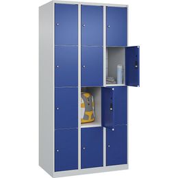 C+P 4er-Schlie&szlig;fachschrank Classic PLUS, 3 Abteile, lichtgrau / enzianblau, B 900 mm, 12 F&auml;cher, mit Bodengleitern