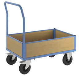 eurokraft pro Plattformwagen mit Holzwänden, mit 4 halbhohen Wänden, LxB 1050 x 700 mm, Vollgummireifen