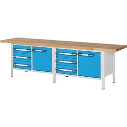 eurokraft pro Werkbank, Gestellbauweise Serie 8000, 6 Schubladen 180 mm, 2 T&uuml;ren 540 mm, 1 Fachboden, BxT 3000 x 700 mm