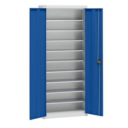 eurokraft pro Materialschrank aus Stahlblech, H&ouml;he 1575 mm, lichtgrau RAL 7035 / enzianblau RAL 5010, 9 B&ouml;den