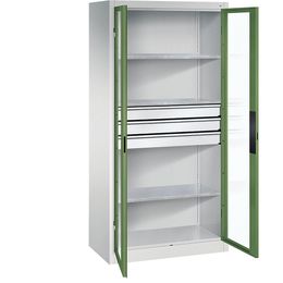 C+P Sichtfenster-Fl&uuml;gelt&uuml;rschrank, HxBxT 1950 x 930 x 500 mm, 3 Fachb&ouml;den, 3 Schubladen, lichtgrau / resedagr&uuml;n