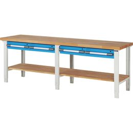 eurokraft pro Werkbank, Baukastensystem Serie 7000, 4 Hängeschubladen, 1 Ablageboden, BxT 2500 x 700 mm
