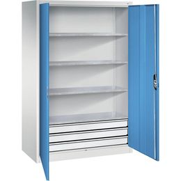 C+P Werkstatt-Flügeltürschrank mit Schubladen, BxT 1200 x 600 mm, 4 Fachböden, lichtgrau / lichtblau