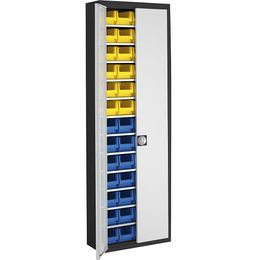 Mauser Magazinschrank mit Sichtlagerk&auml;sten, HxBxT 2150 x 680 x 280 mm, zweifarbig, Korpus schwarz, T&uuml;ren grau, 52 K&auml;sten