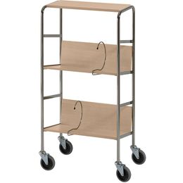 HelgeNyberg Aktenordnerwagen mit Ablageboden, verchromt, 3 Etagen, LxBxH 550 x 340 x 1060 mm, Buche-Dekor, ab 5 Stk