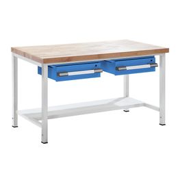 eurokraft pro Höhenverstellbare Werkbank, Gestellbauweise, mit Schubladen, Breite 1500 mm, grau / blau