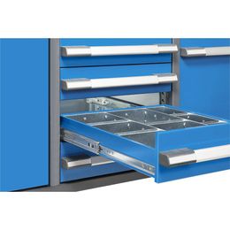 eurokraft pro H&ouml;henverstellbare Werkbank, Gestellbauweise, 1 Schublade, 1 T&uuml;r, 1 Auszugboden, Breite 1500 mm, lichtgrau / gr&uuml;n