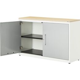 Mauser Flügeltürenschrank, HxB 830 x 1200 mm, Kunststoffplatte, 1 Fachboden, reinweiß / weißaluminium / Ahorn