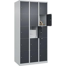 C+P 5er-Schlie&szlig;fachschrank Classic PLUS, 3 Abteile, lichtgrau / grau, B 900 mm, 15 F&auml;cher, mit Bodengleitern