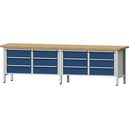 ANKE Werkbank Breite 2800 mm, Gestellbauweise, 12 Schubladen, 180 mm mit Vollauszug, Buchemassivplatte