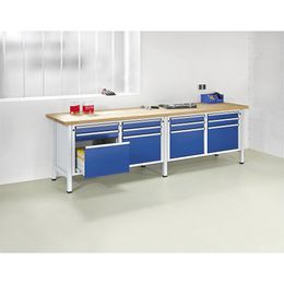 ANKE Werkbank Breite 2800 mm, Gestellbauweise, 2 T&uuml;ren, 8 Schubladen mit Vollauszug, H&ouml;he 890 mm, Stahlblechbelagplatte