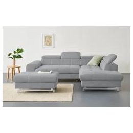 Ecksofa COTTA "Chef L-Form", grau (smoke), B:257cm H:72cm T:206cm, Luxus-Microfaser (100% Polyester);Kunstleder Softlux;Leder Advantage (abgedecktes Spalt-Rindsleder), Rückseite mit schwarzem Spannstoff bezogen;NaturLEDER (echtes Rindsleder), Rückseite mit schwarzem Spannstoff bezogen, Sofas, mit Kopfteilverstellung, edle Metallkufen, wahlweise mit Bettfunktion